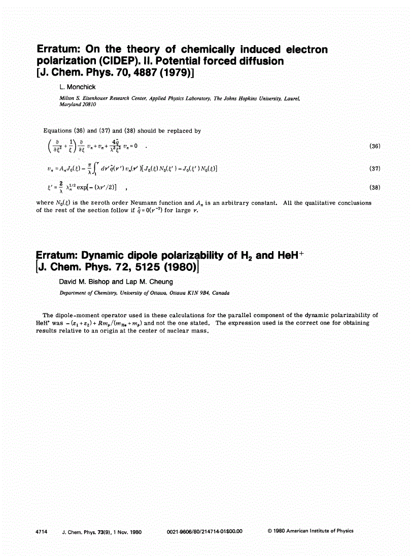 Erratum: Dynamic dipole polarizability of H2 and HeH+ [J. Chem. Phys. 72, 5125 (1980)] | The ...