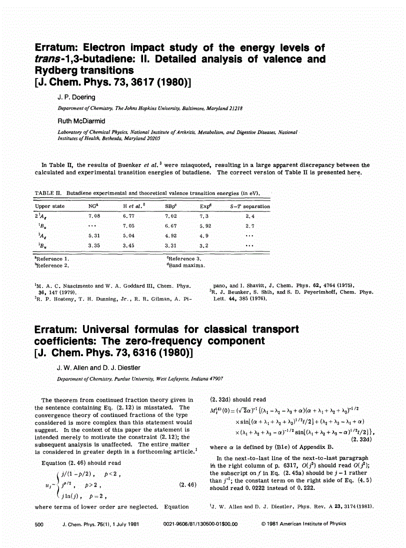 Erratum: Universal formulas for classical transport coefficients: The zero‐frequency component ...