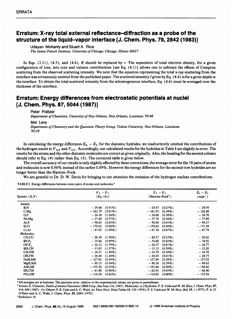 Erratum: X‐ray total external reflectance–diffraction as a probe of the structure of the liquid ...