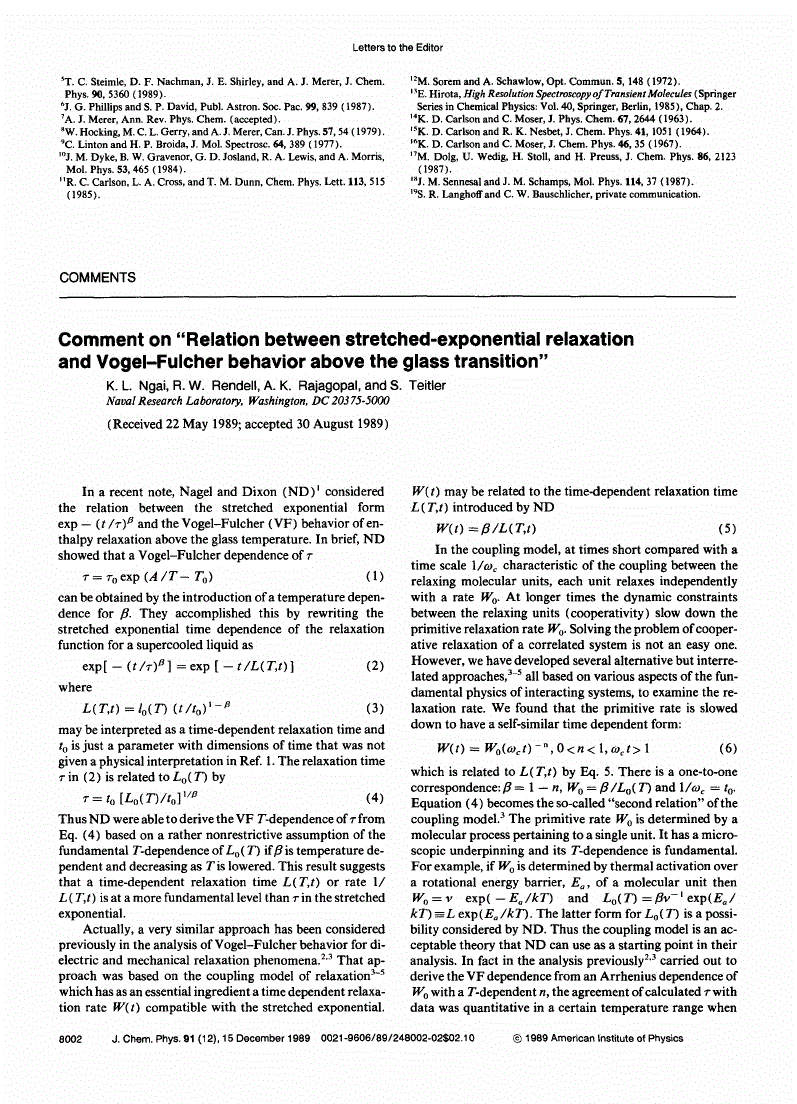 Comment on ‘‘Relation between stretched‐exponential relaxation and ...