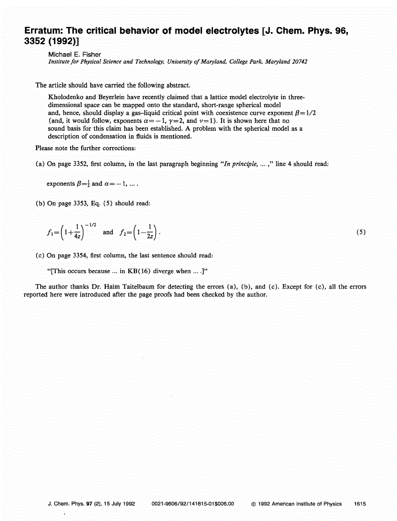 Erratum: The critical behavior of model electrolytes [J. Chem. Phys. 96 ...