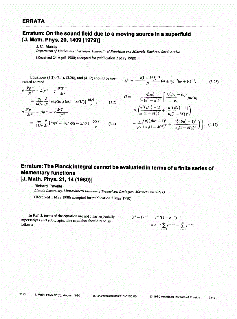 Erratum: The Planck integral cannot be evaluated in terms of a finite ...