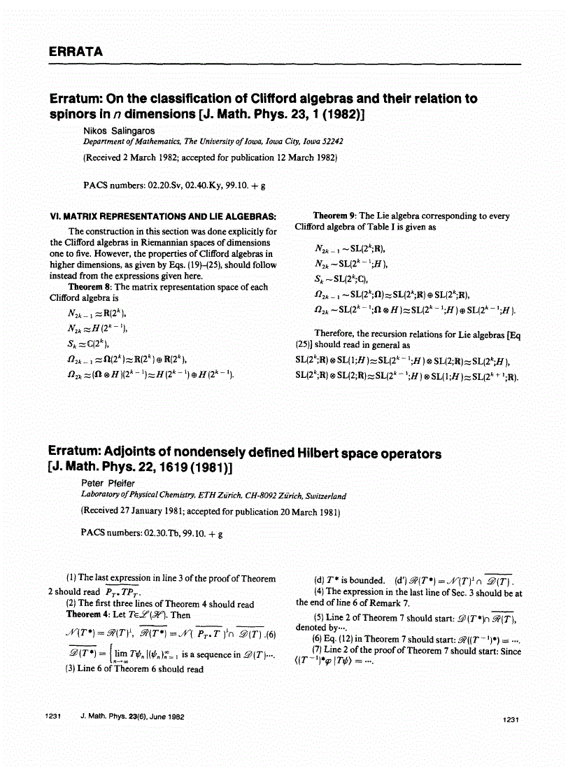 Erratum On The Classification Of Clifford Algebras And Their Relation To Spinors In N