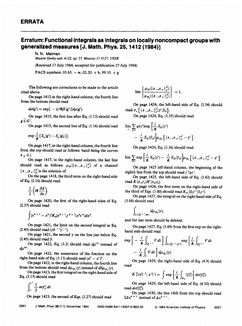 Erratum Functional Integrals As Integrals On Locally Noncompact Groups With Generalized