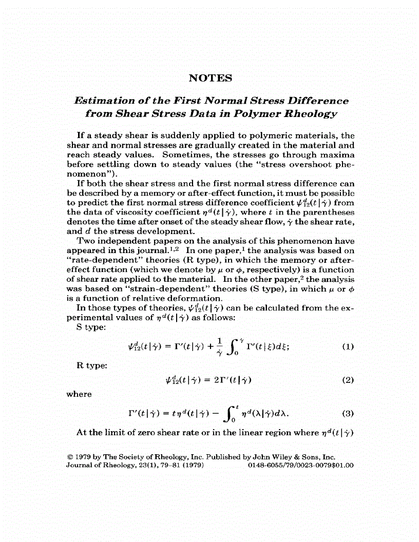 Notes: Estimation of the First Normal Stress Difference from Shear ...