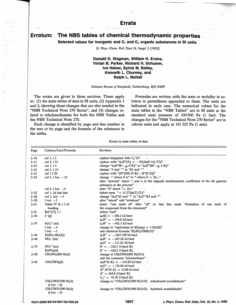 Erratum: The NBS tables of chemical thermodynamic properties. Selected ...