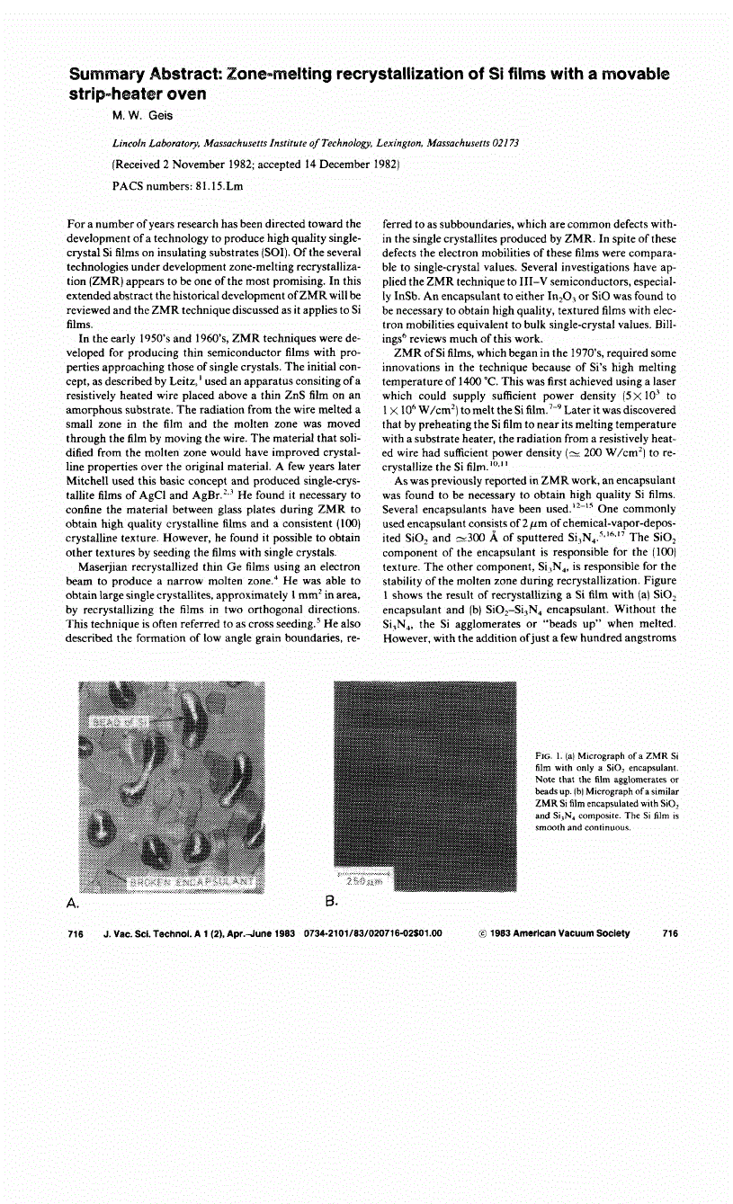 Summary Abstract Zone‐melting Recrystallization Of Si Films With A Movable Strip‐heater Oven