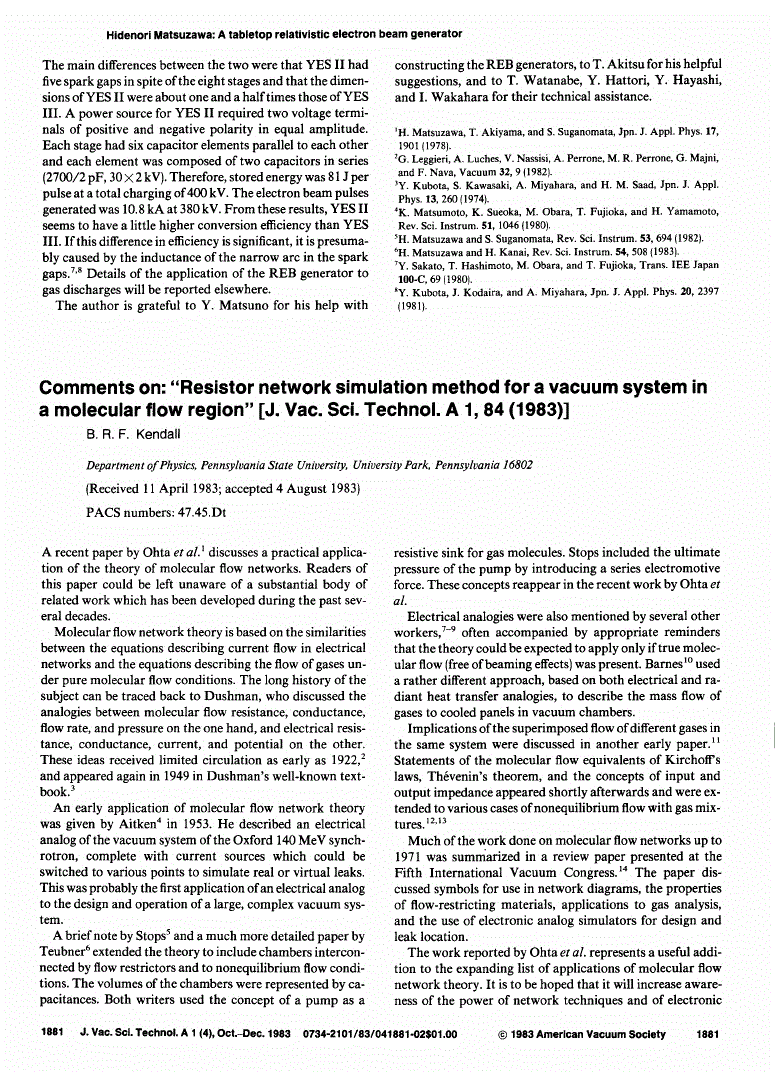 Comments On ‘‘resistor Network Simulation Method For A Vacuum System