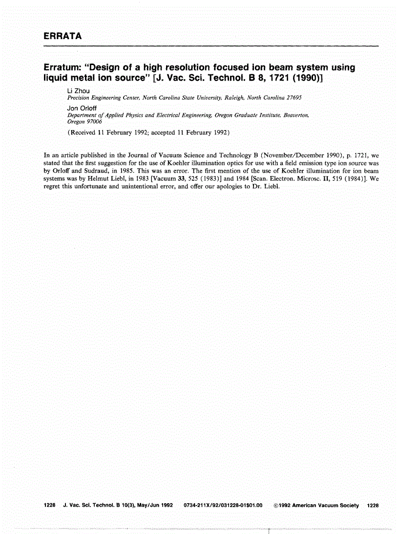 Erratum: ‘‘Design of a high resolution focused ion beam system using ...