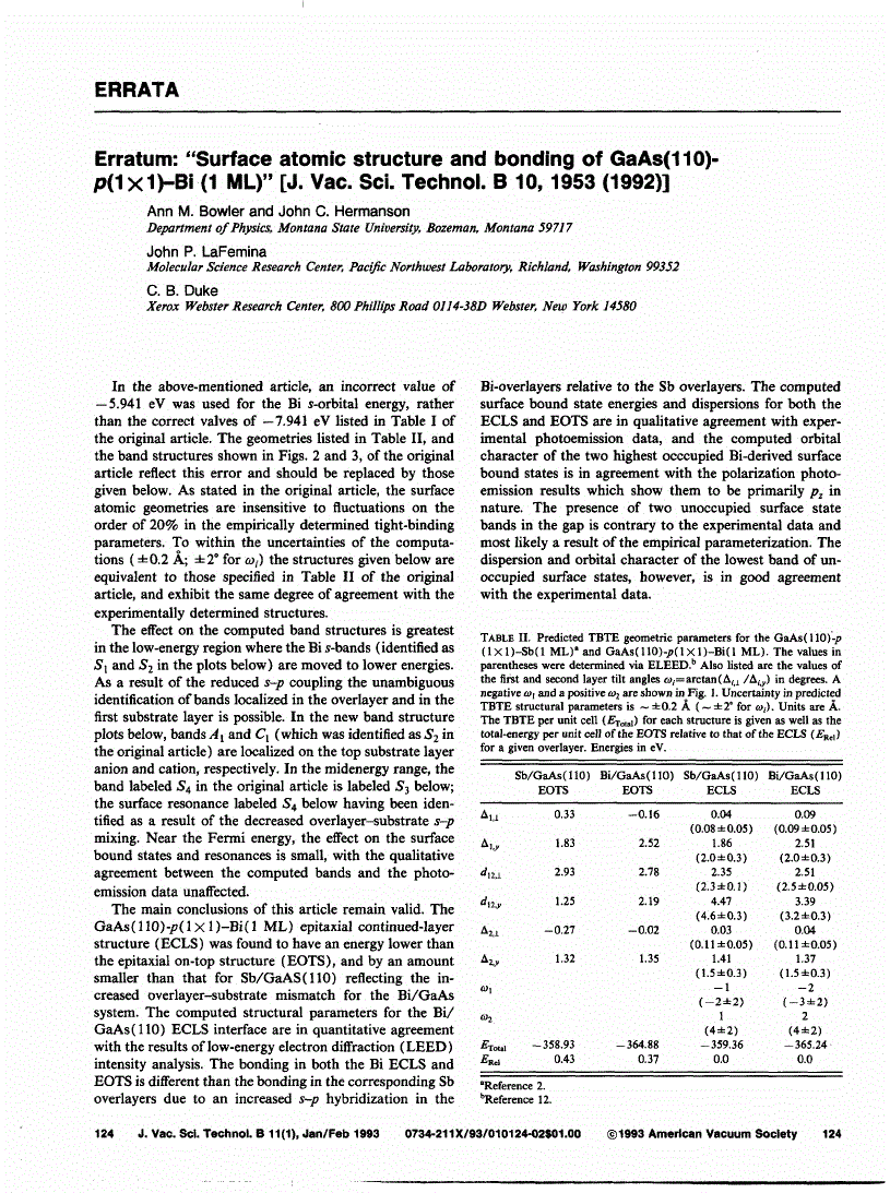Erratum: ‘‘Surface atomic structure and bonding of GaAs(110)‐p(1×1)–Bi ...