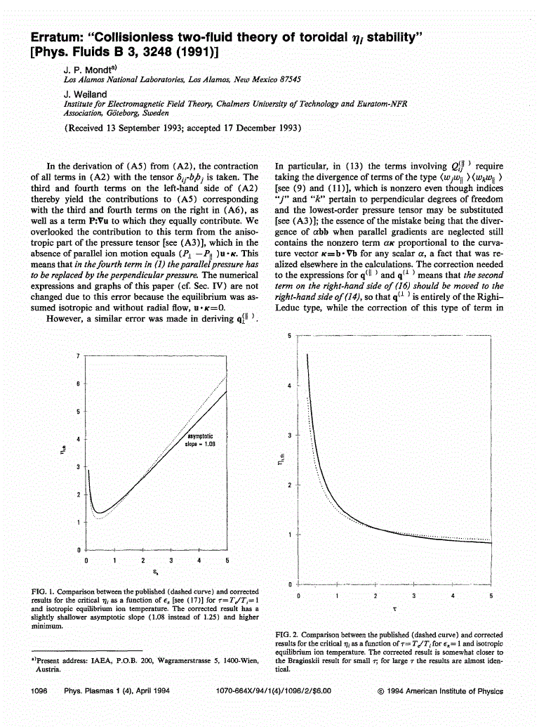 Erratum: ‘‘Collisionless two‐fluid theory of toroidal ηi stability ...