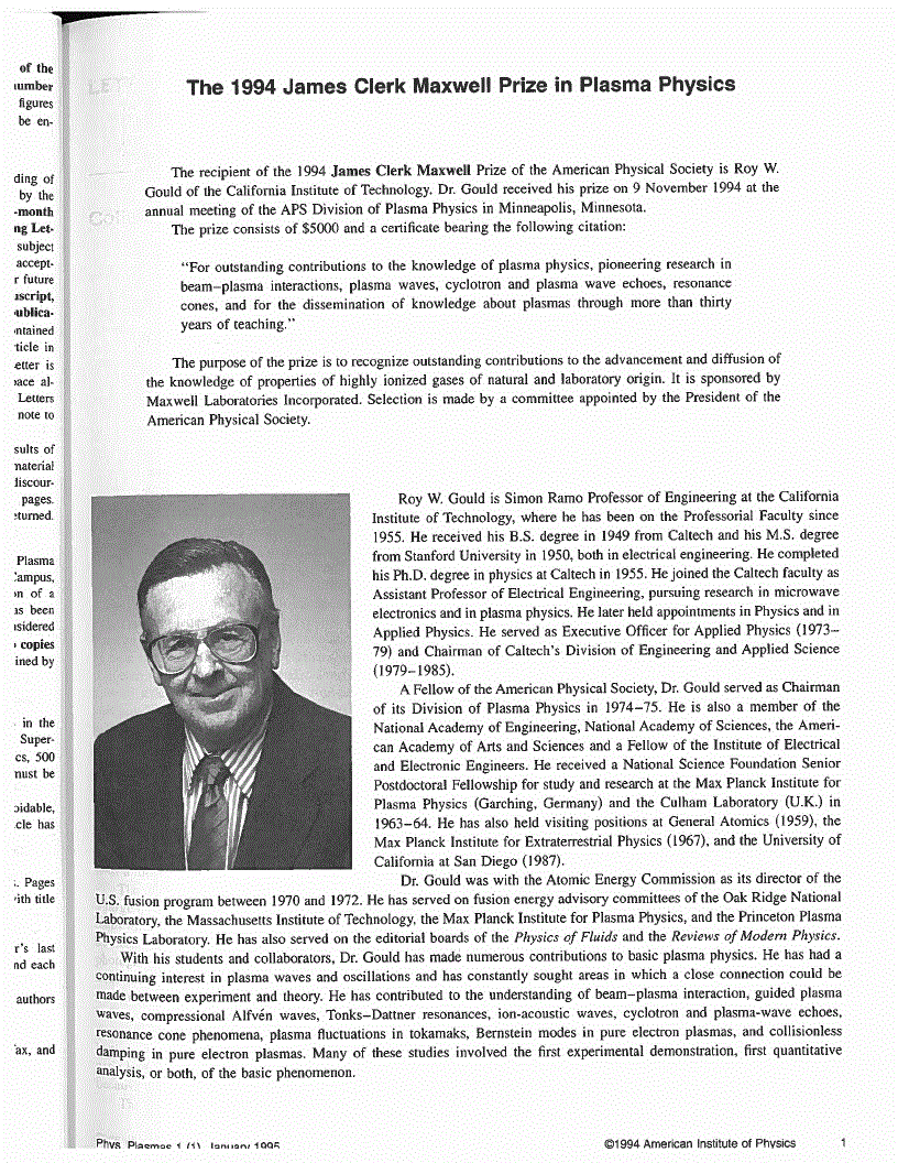 THE 1994 JAMES CLERK MAXWELL PRIZE IN PLASMA PHYSICS | Physics of ...