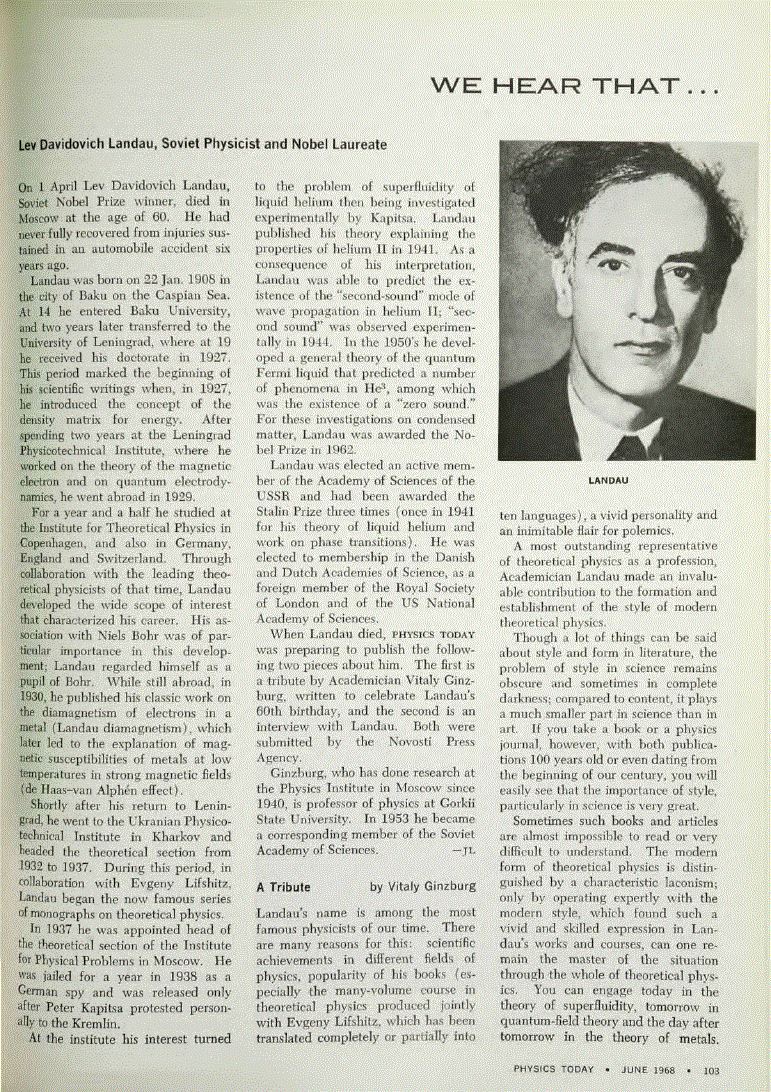 Lev Davidovich Landau, Soviet Physicist and Nobel Laureate | Physics ...
