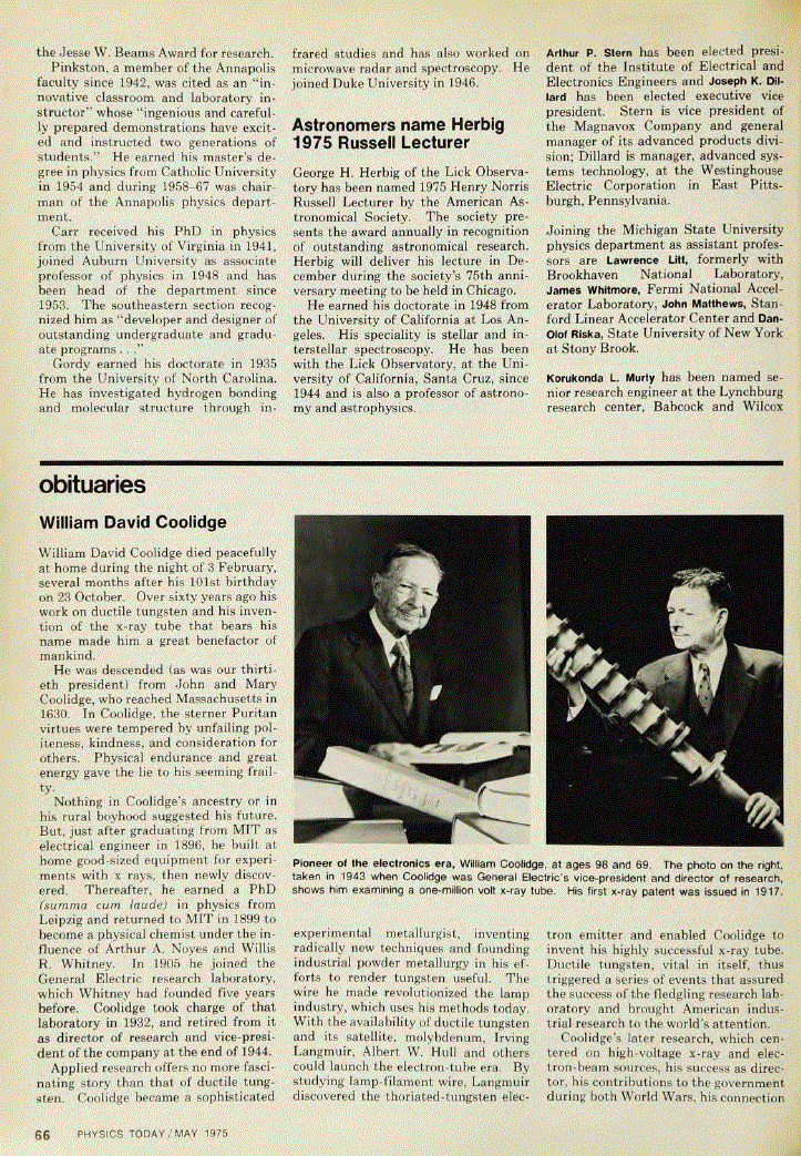 William David Coolidge | Physics Today | AIP Publishing