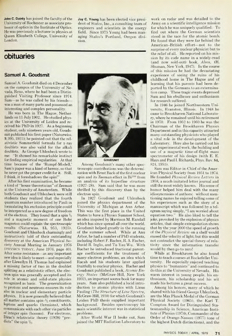 Samuel A. Goudsmit | Physics Today | AIP Publishing