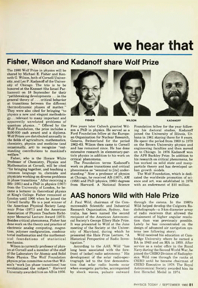 Fisher, Wilson and Kadanoff share Wolf Prize | Physics Today | AIP ...