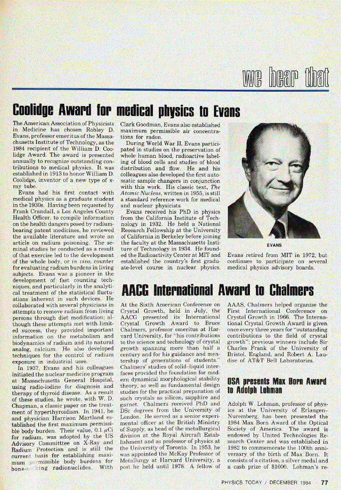 Coolidge Award for medical physics to Evans | Physics Today | AIP ...