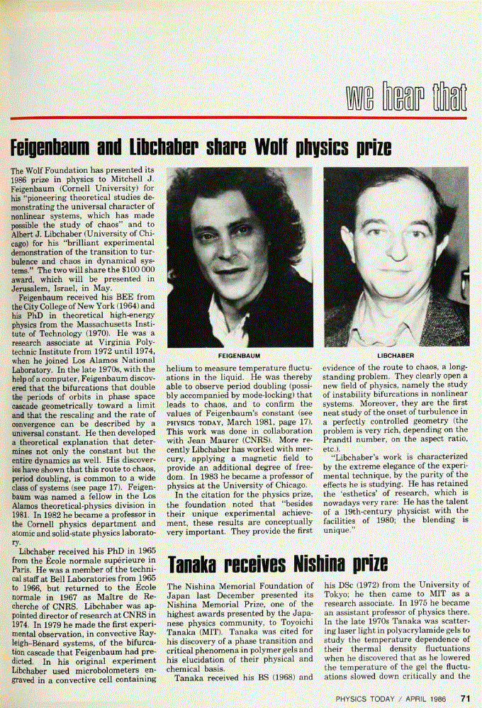 Feigenbaum and Libchaber Share Wolf Physics Prize | Physics Today | AIP ...