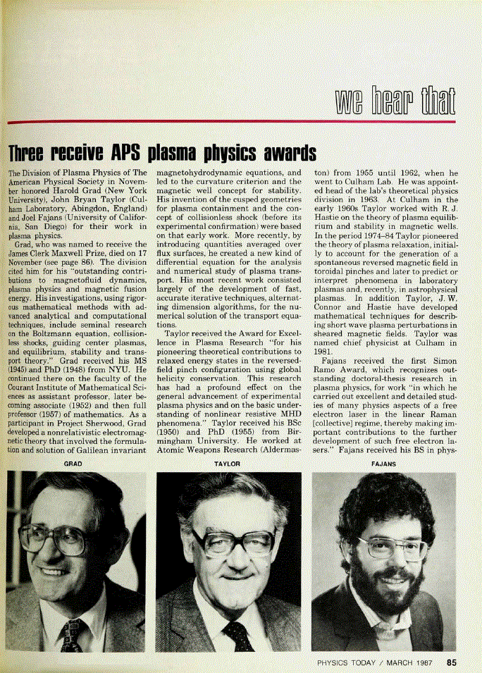 Three Receive APS Plasma Physics Awards | Physics Today | AIP Publishing