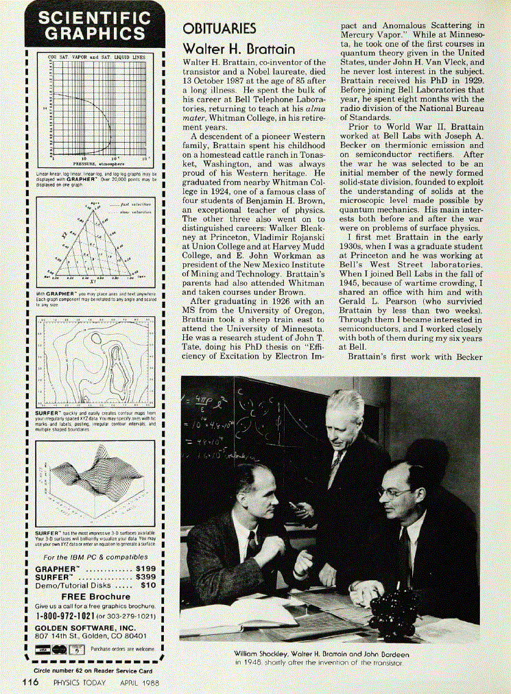 Walter H. Brattain | Physics Today | AIP Publishing