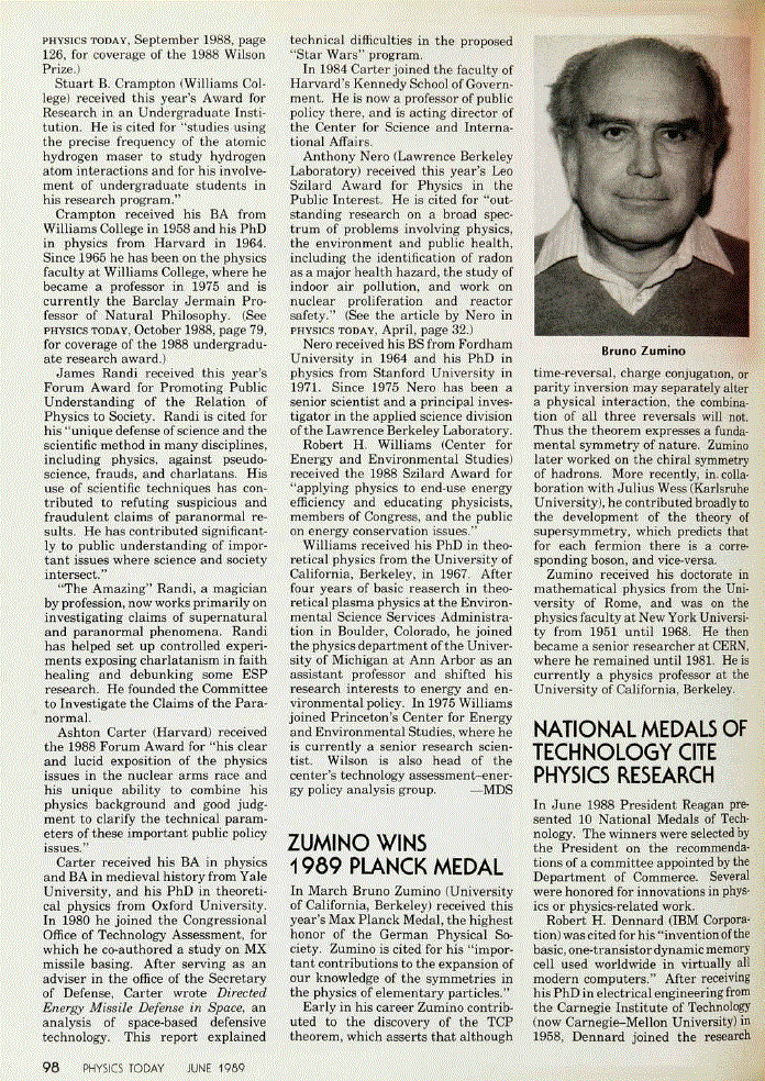 Zumino Wins 1989 Planck Medal | Physics Today | AIP Publishing