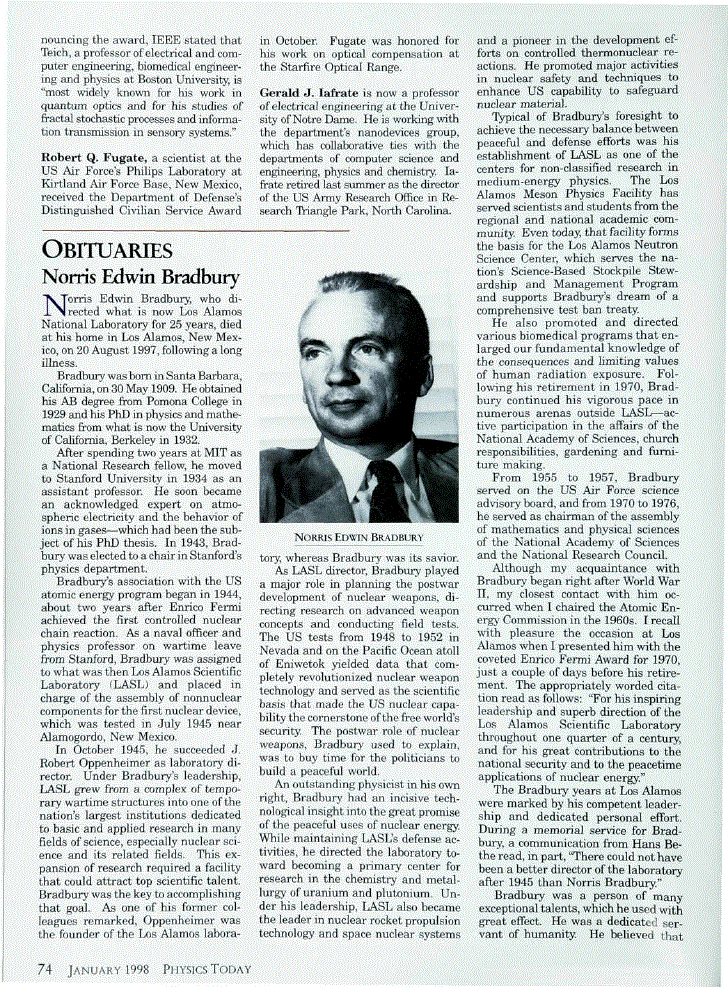 Norris Edwin Bradbury | Physics Today | AIP Publishing