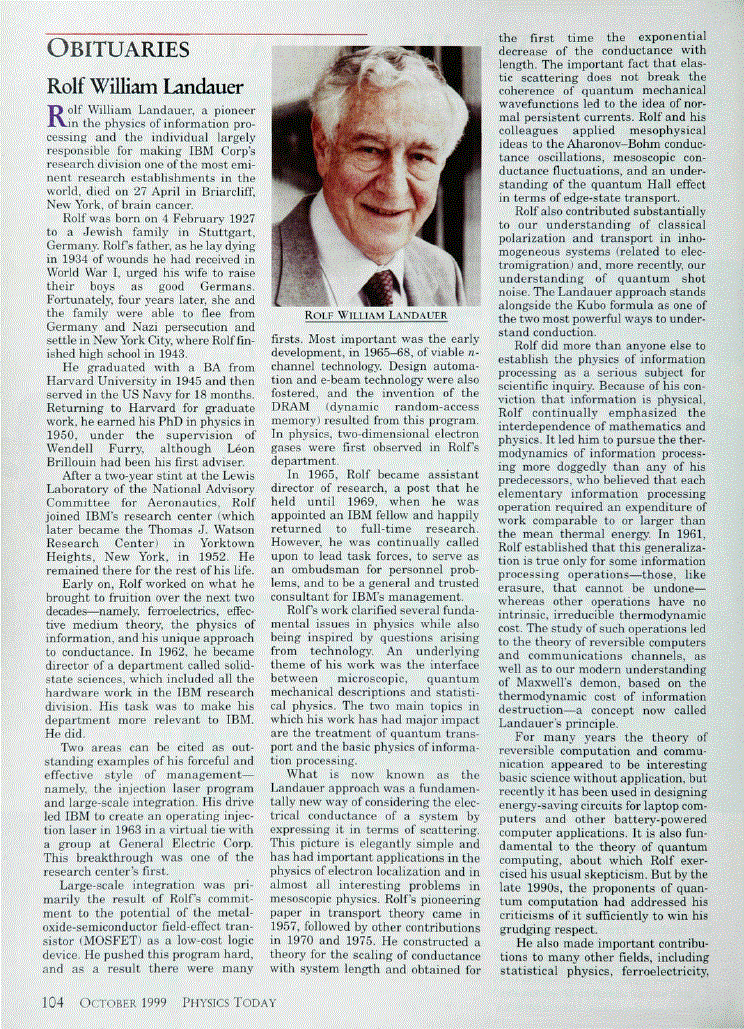 Rolf William Landauer | Physics Today | AIP Publishing