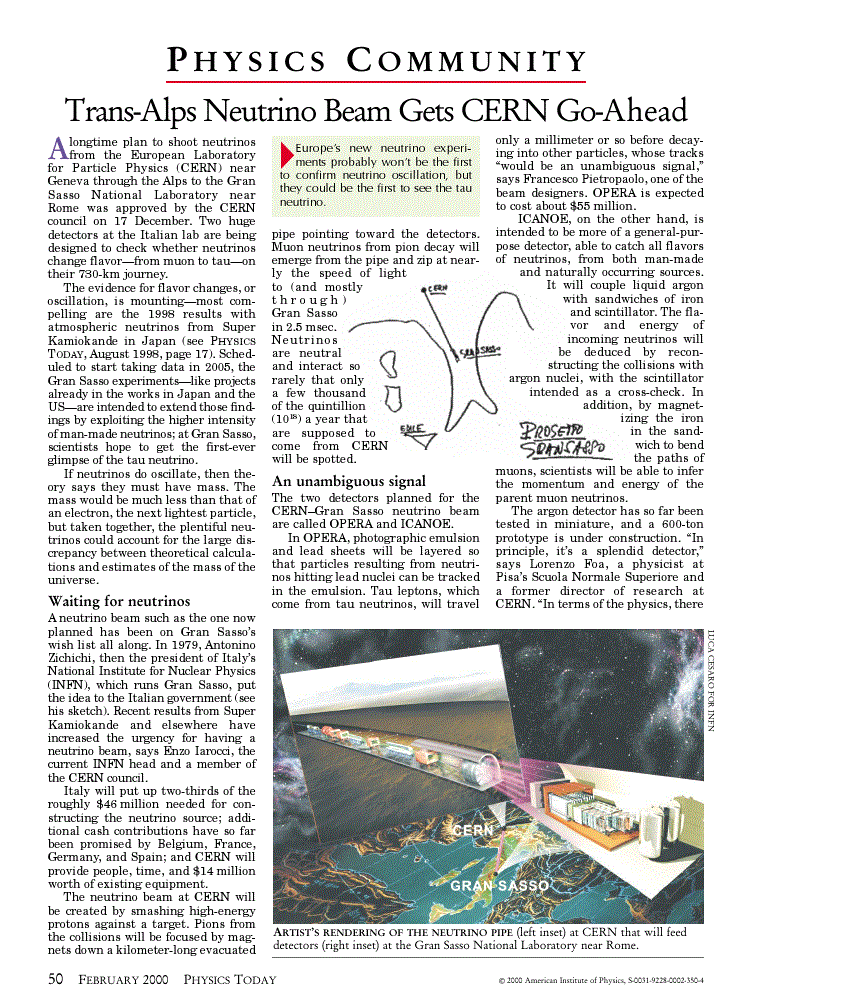 Trans‐Alps Neutrino Beam Gets CERN Go‐Ahead | Physics Today | AIP ...