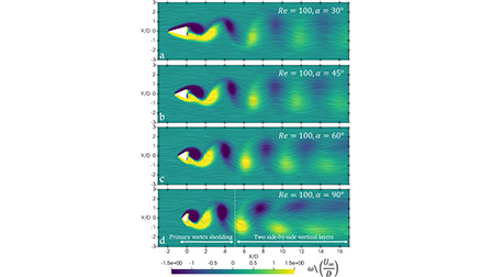 Flow around triangular prisms with varying vertex angle at low Reynolds ...
