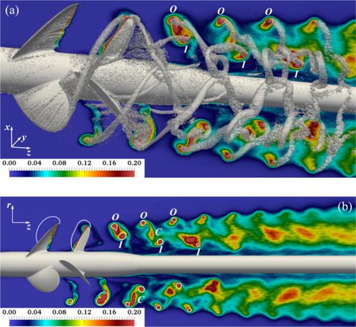 Interaction between the helical vortices shed by contra-rotating ...