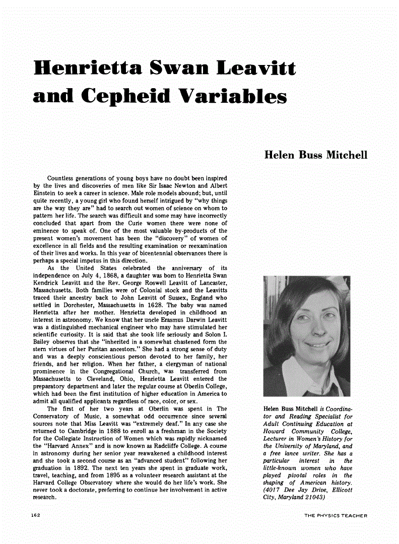Henrietta Swan Leavitt and cepheid variables | The Physics Teacher ...