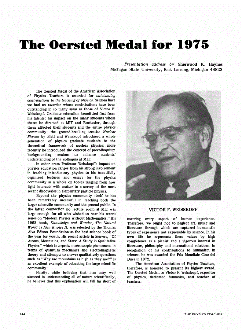 The Oersted Medal for 1975 | The Physics Teacher | AIP Publishing