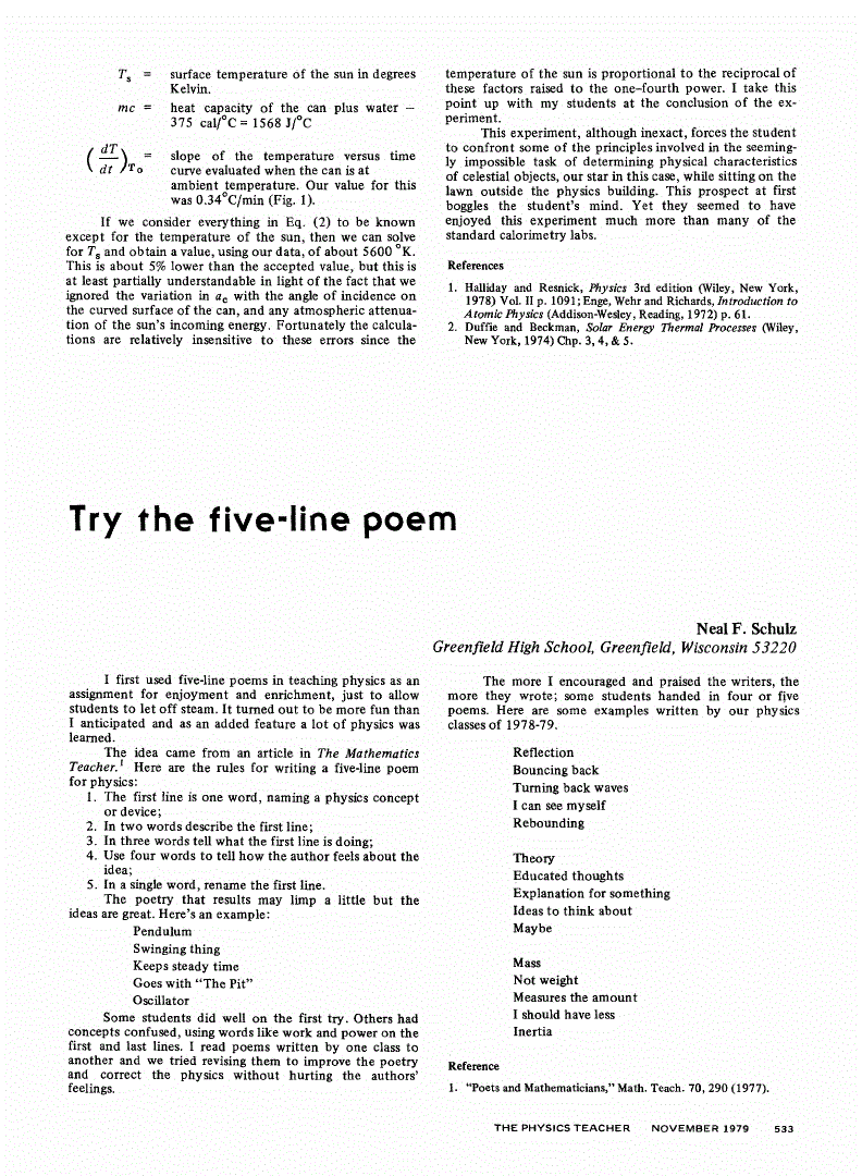 Try the five‐line poem | The Physics Teacher | AIP Publishing