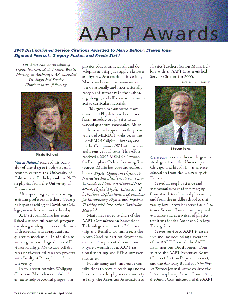 2006 Distinguished Service Citations Awarded to: Mario Belloni, Steven ...