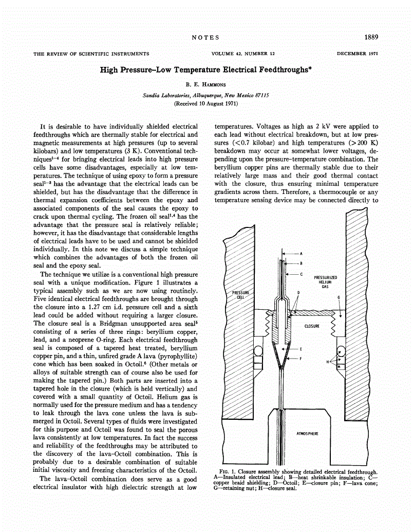 High Pressure‐Low Temperature Electrical Feedthroughs | Review of ...