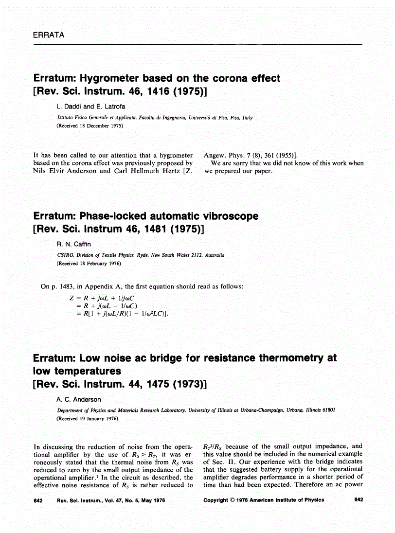 Erratum: Low noise ac bridge for resistance thermometry at low ...