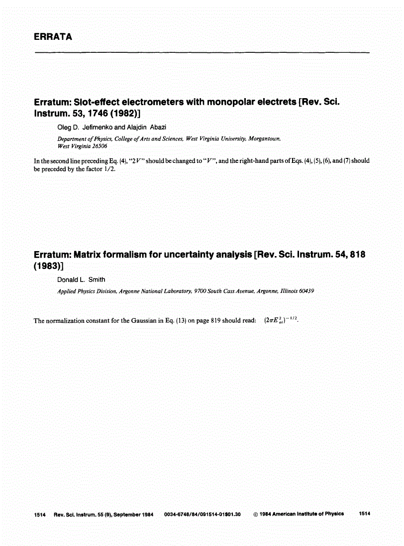 Erratum: Slot‐effect electrometers with monopolar electrets [Rev. Sci ...