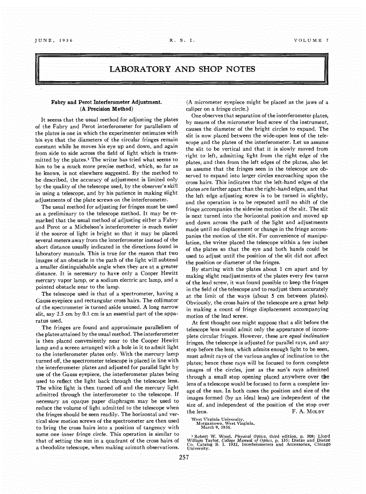 Fabry And Perot Interferometer Adjustment A Precision Method Review Of Scientific
