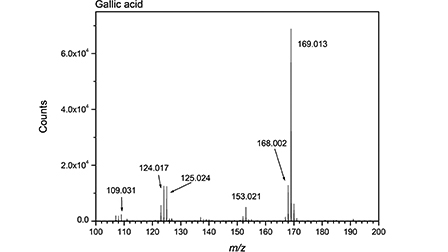 TOF-SIMS spectra of gallic acid, ellagic acid, castalin, and quercetin ...